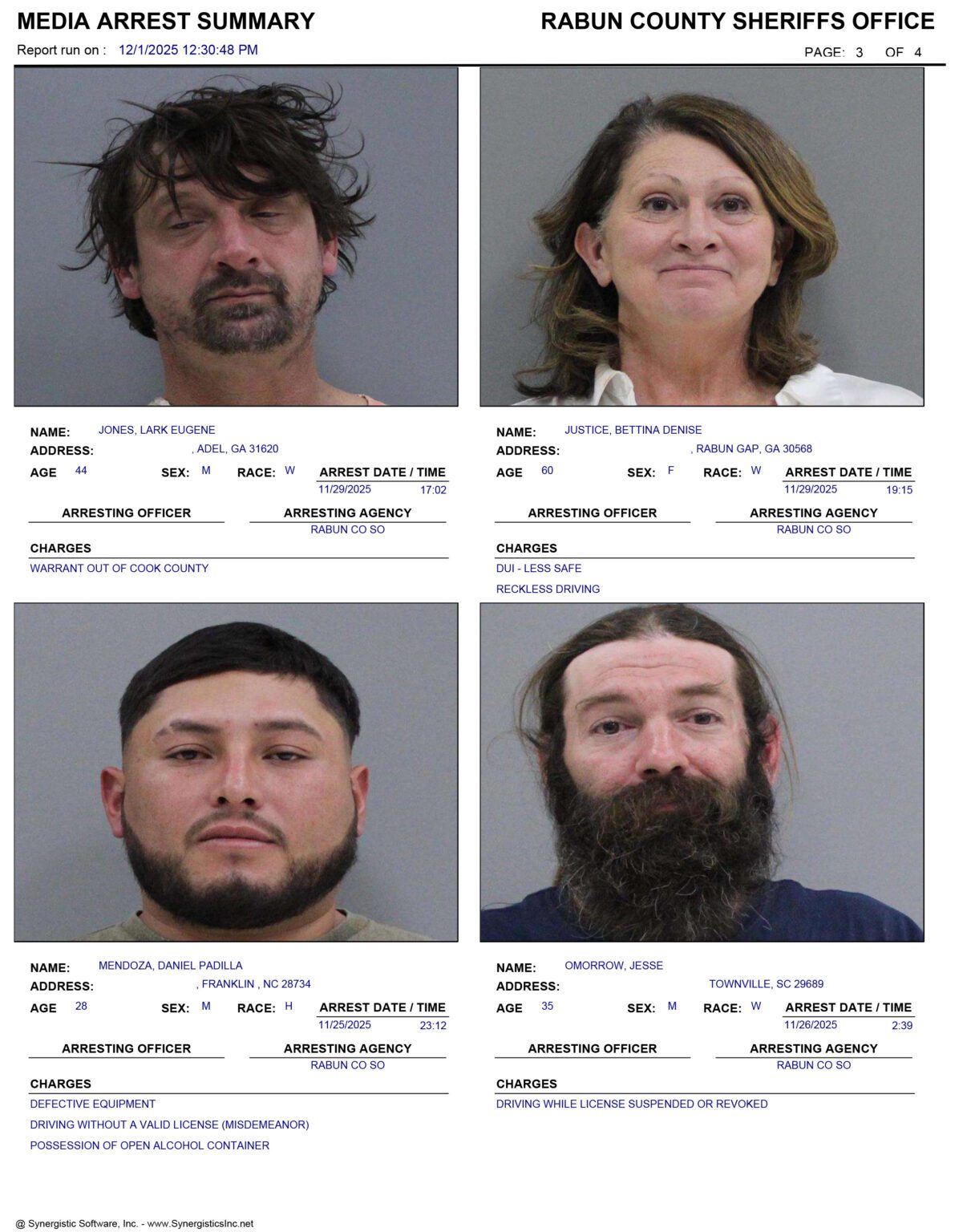 Rabun County Sheriff’s Office Arrest Report 11/23 – 11/30/2025 - RabunRabun