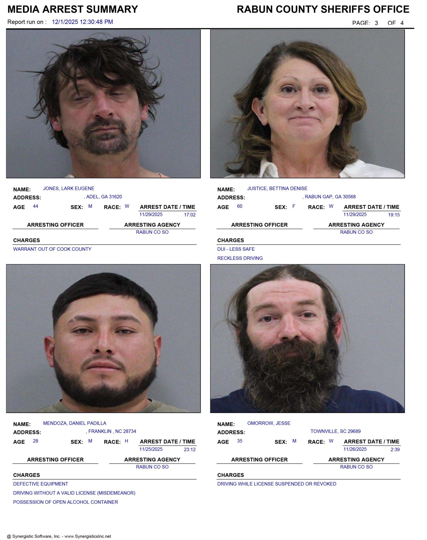 Rabun County Sheriff’s Office Arrest Report 11/23 – 11/30/2025 - RabunRabun