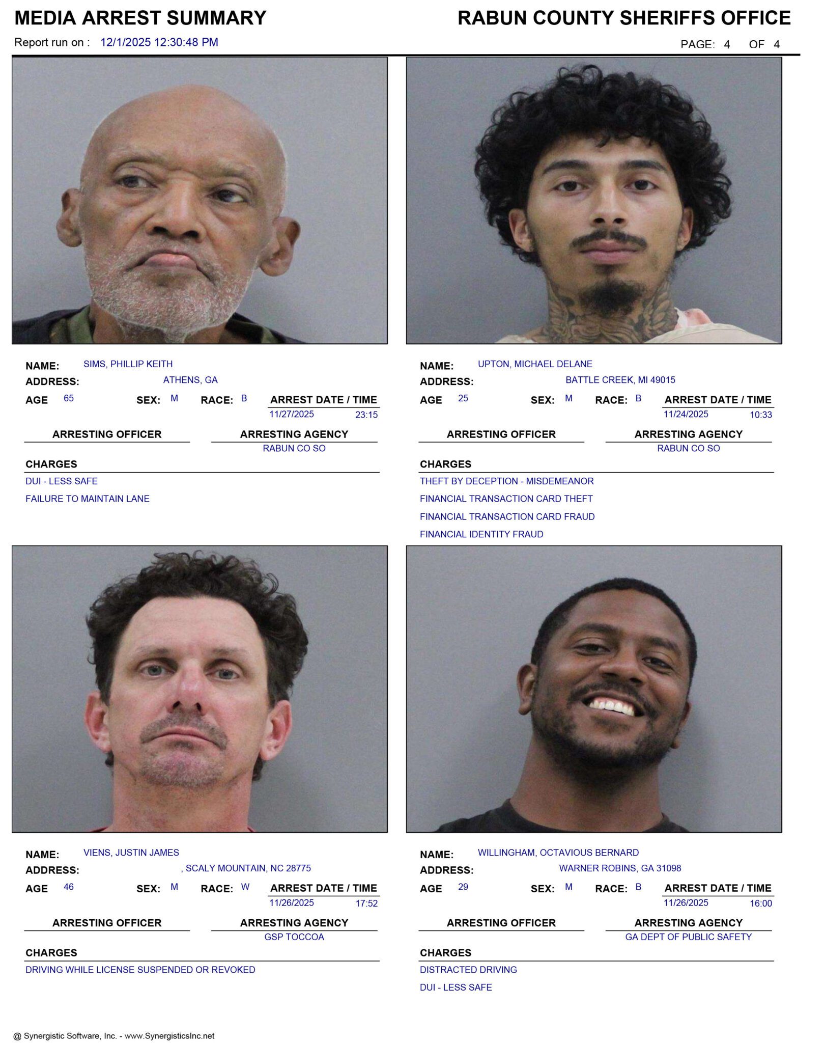Rabun County Sheriff’s Office Arrest Report 11/23 – 11/30/2025 - RabunRabun