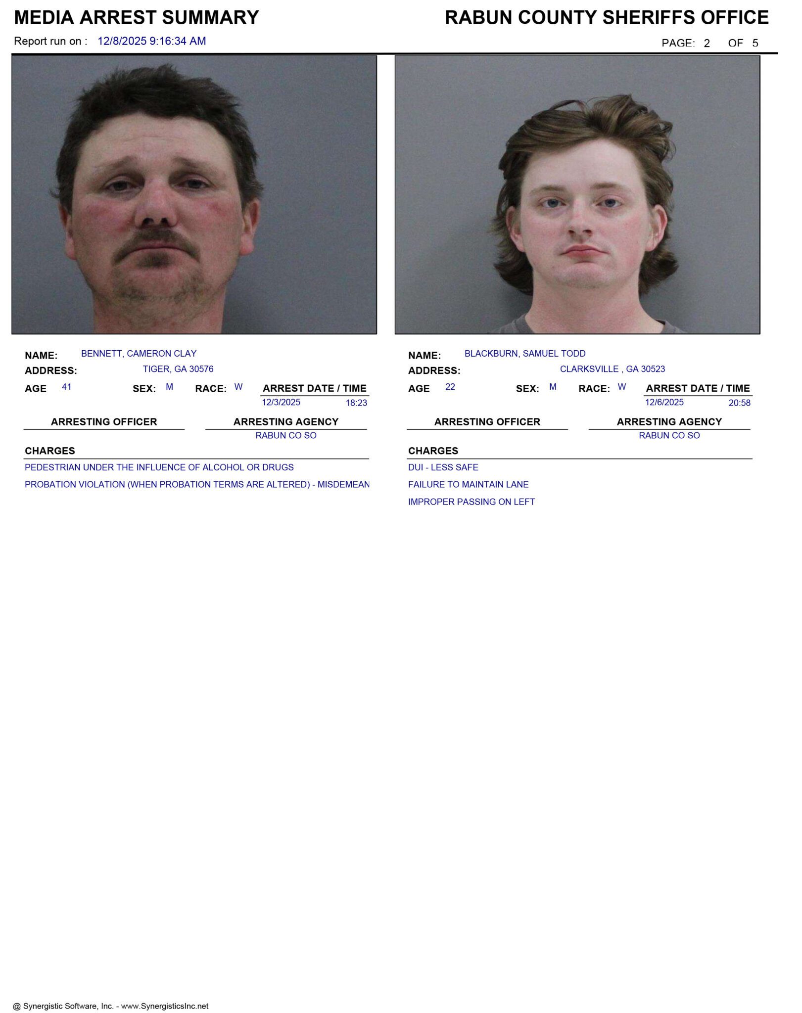 Rabun County Sheriff’s Office Arrest Report 11/30 – 12/7/2025 - RabunRabun