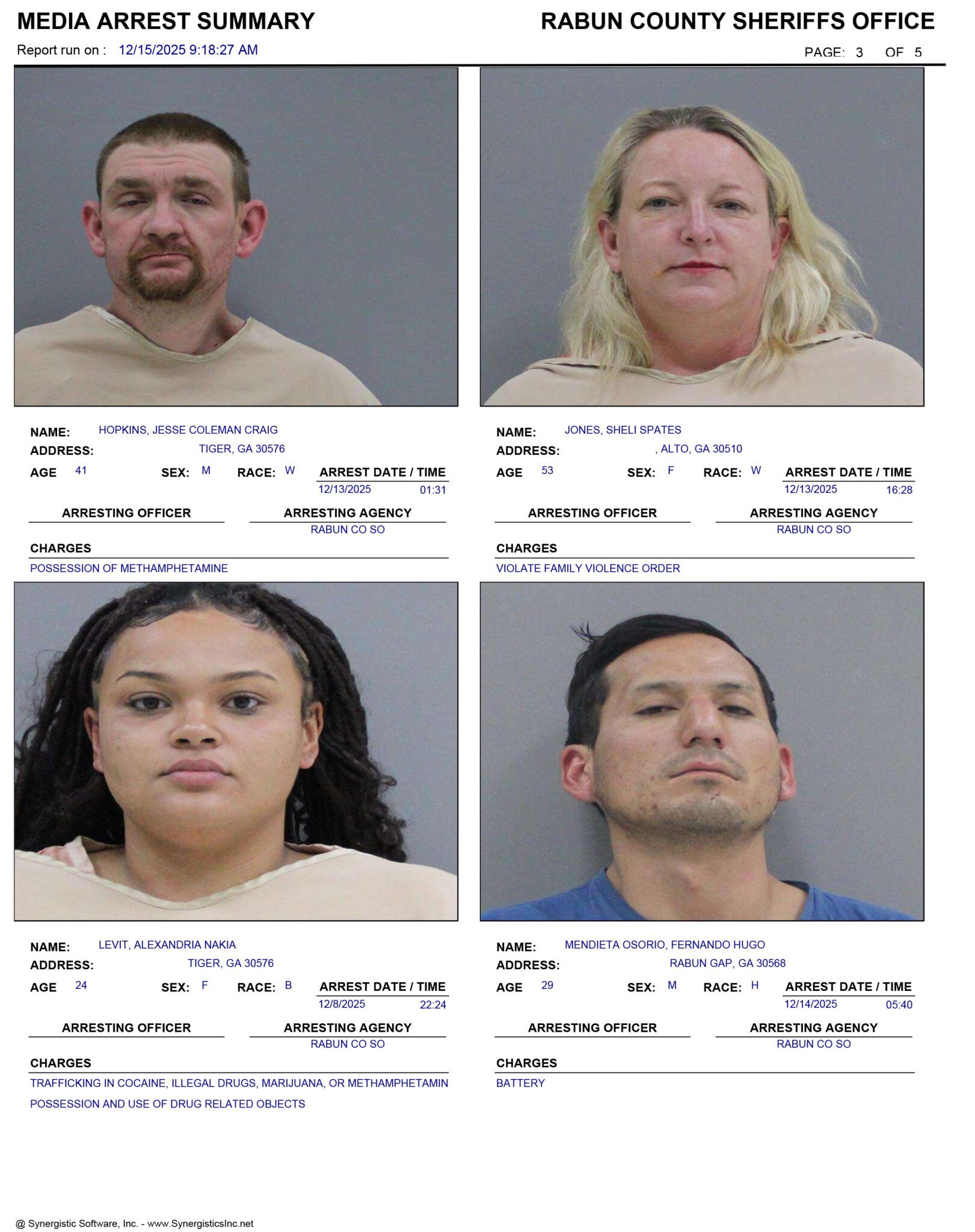 Rabun County Sheriff’s Office Arrest Report 12/7 – 12/14/2025 - RabunRabun