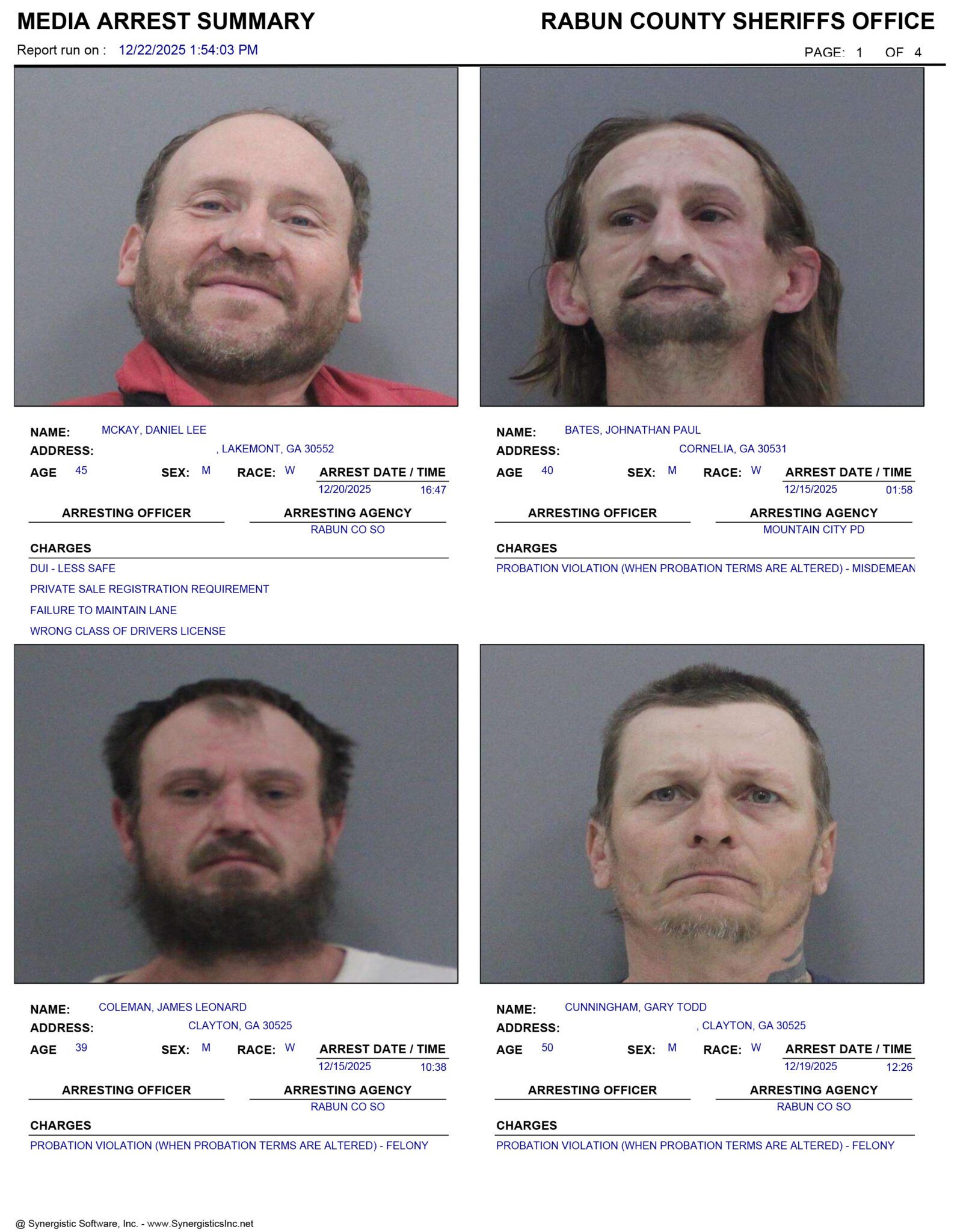 Rabun County Sheriff’s Office Arrest Report 12/14 – 12/21/2025 - RabunRabun