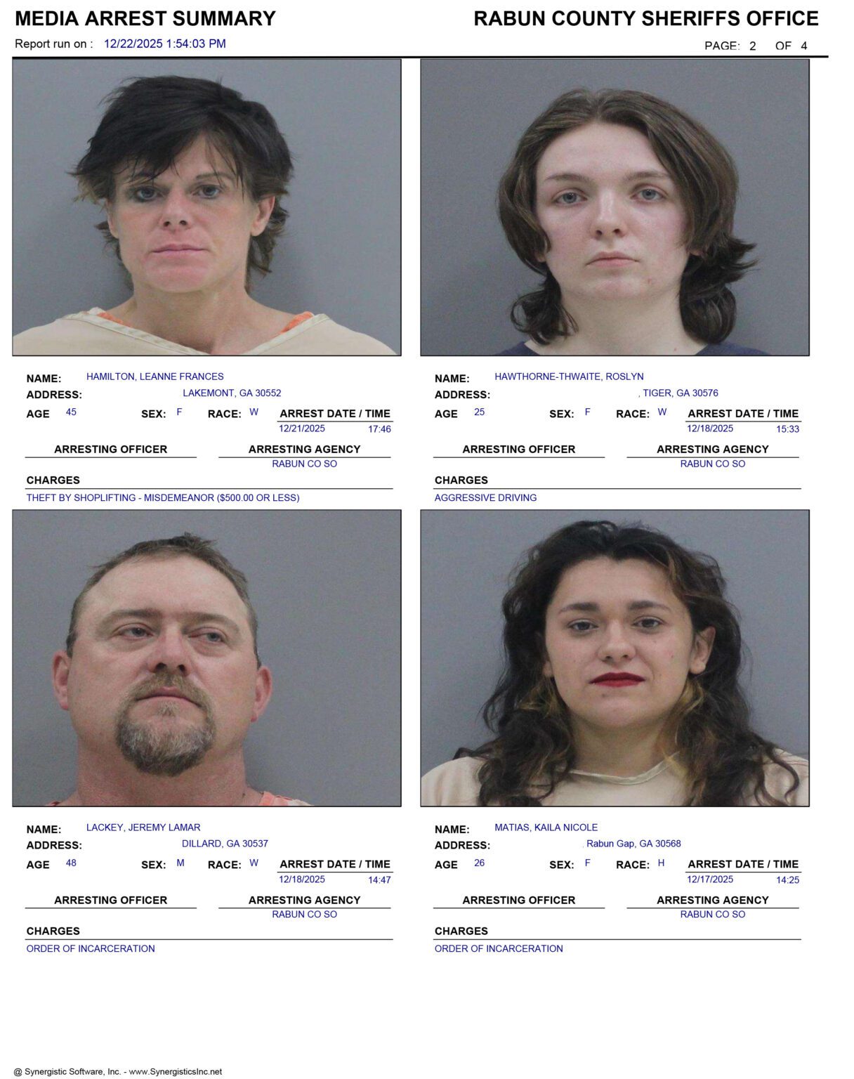 Rabun County Sheriff’s Office Arrest Report 12/14 – 12/21/2025 - RabunRabun