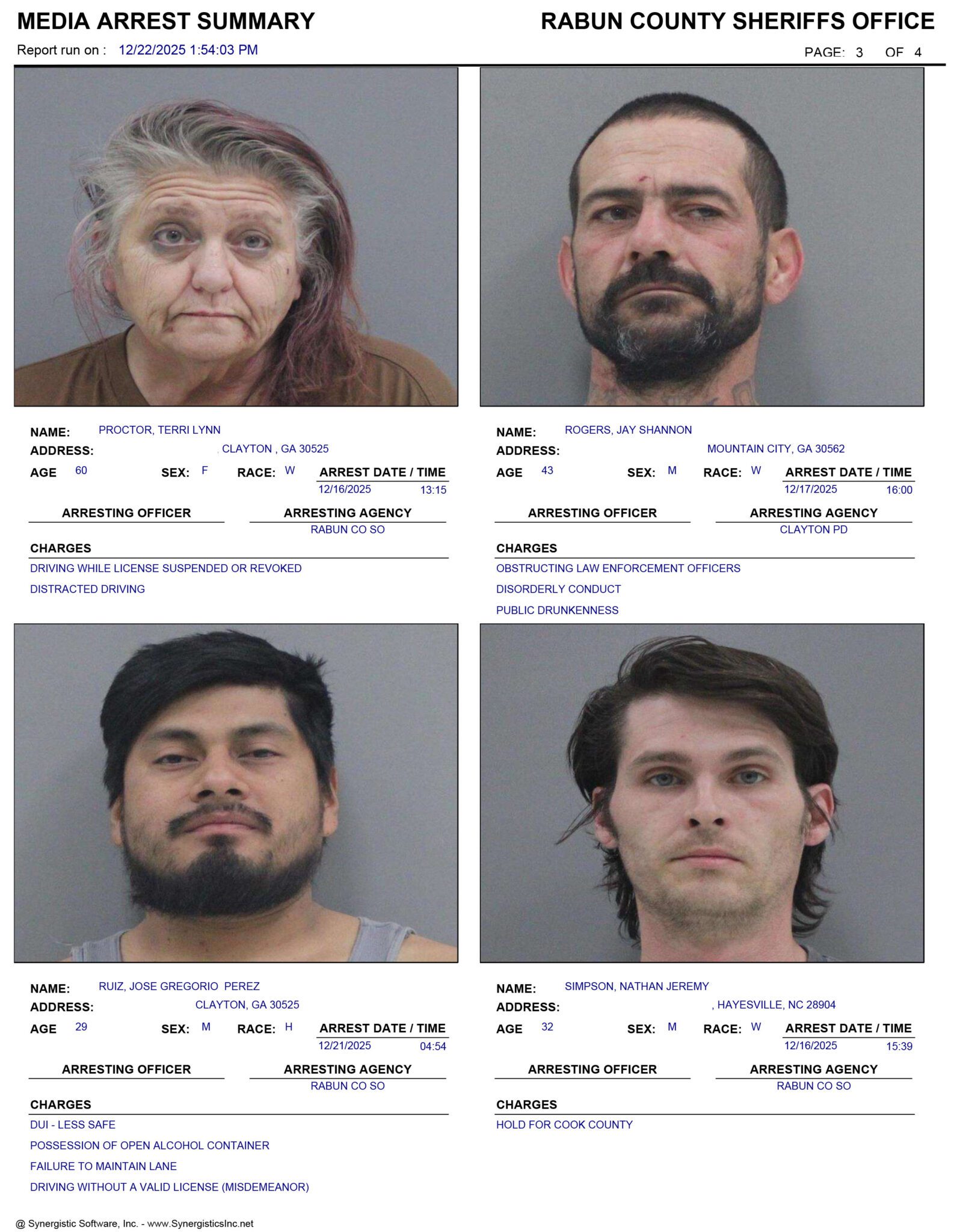 Rabun County Sheriff’s Office Arrest Report 12/14 – 12/21/2025 - RabunRabun